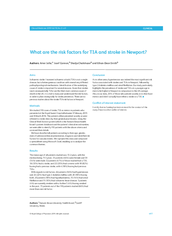 (PDF) What are the risk factors for TIA and stroke in Newport?