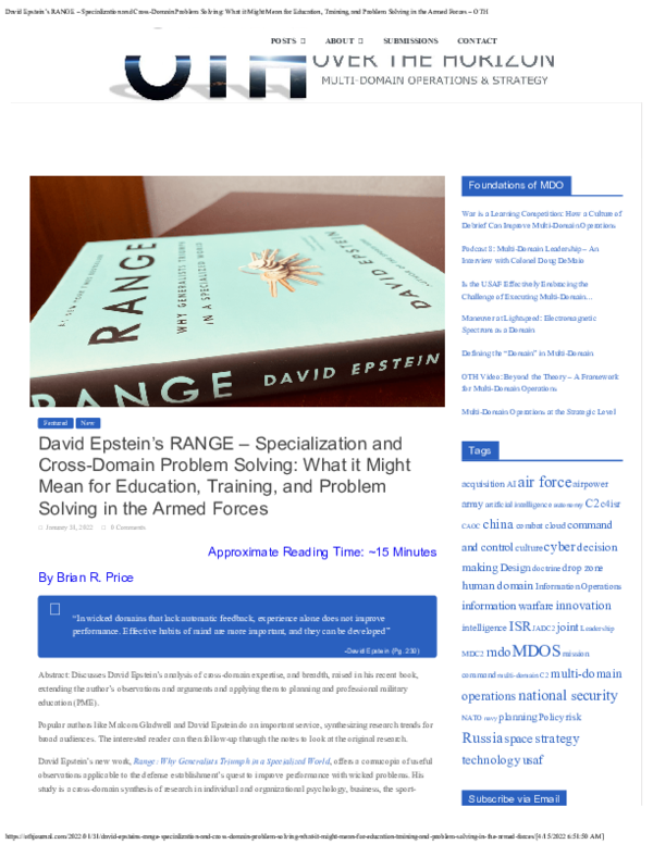 (PDF) David Epstein's RANGE: Specialization and cross-domain problem ...