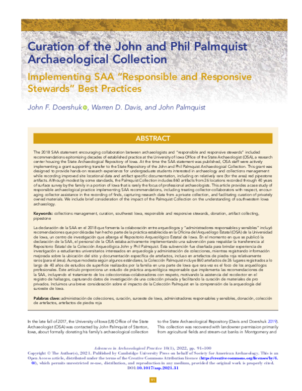 (PDF) Curation of the John and Phil Palmquist Archaeological Collection