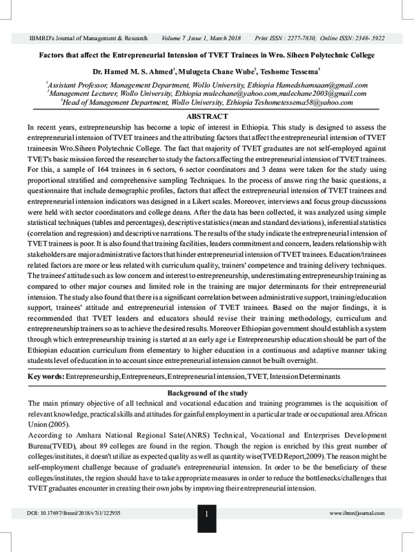 (PDF) Factors that affect the Entrepreneurial Intension of TVET ...