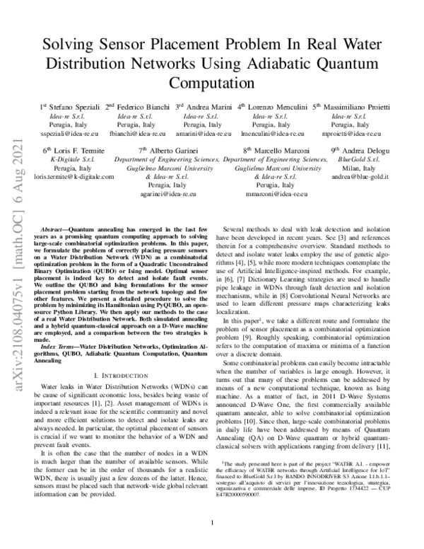 (PDF) Solving Sensor Placement Problem In Real Water Distribution Networks Using Adiabatic ...