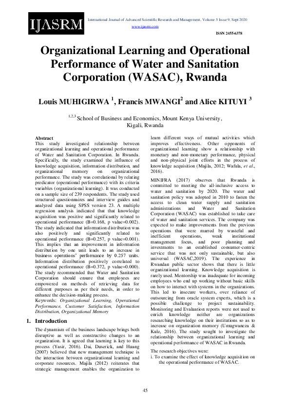 (PDF) Organizational Learning and Operational Performance of Water and ...