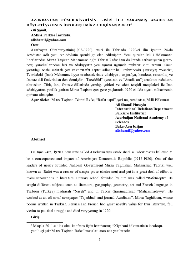 (DOC) AZƏRBAYCAN CÜMHURİYƏTİNİN TƏSİRİ İLƏ YARANMIŞ AZADISTAN DÖVLƏTİ ...