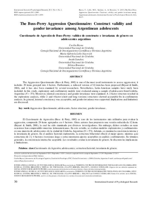 (PDF) The Buss-Perry Aggression Questionnaire: construct validity and gender invarianceamong ...