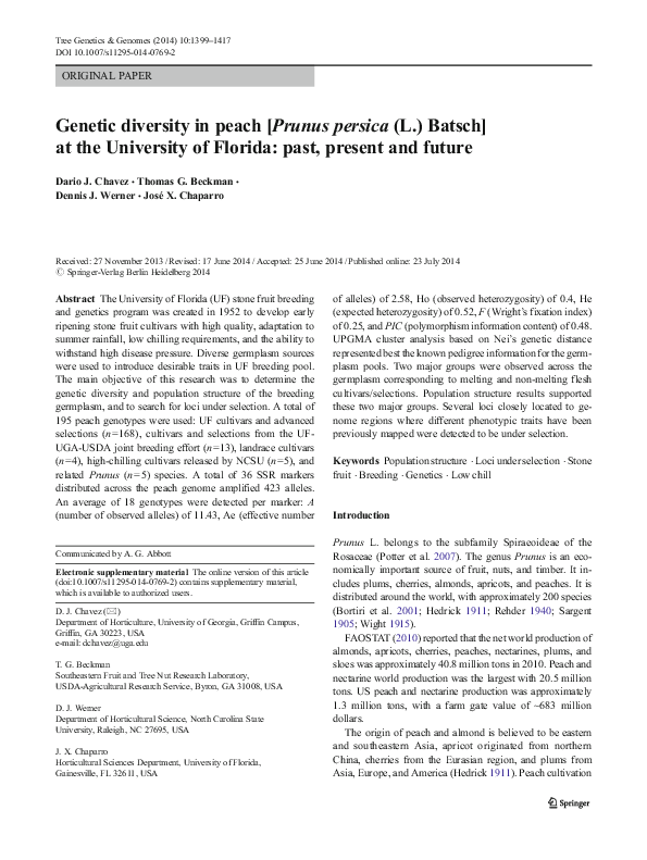 (PDF) Genetic diversity in peach [Prunus persica (L.) Batsch] at the University of Florida: past ...