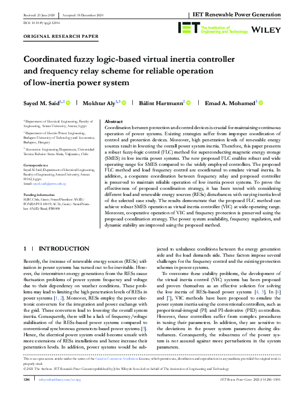 (PDF) Coordinated fuzzy logic‐based virtual inertia controller and frequency relay scheme for ...