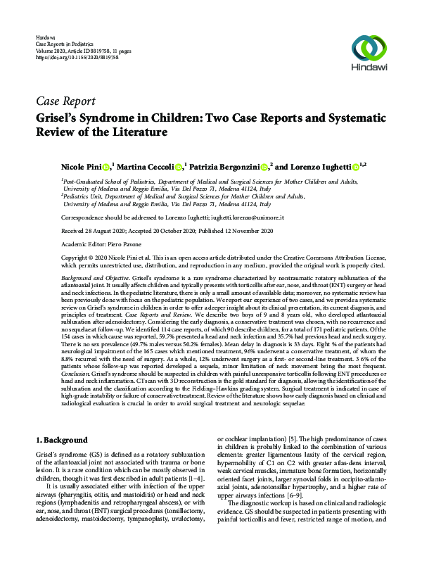 (PDF) Grisel’s Syndrome in Children: Two Case Reports and Systematic Review of the Literature