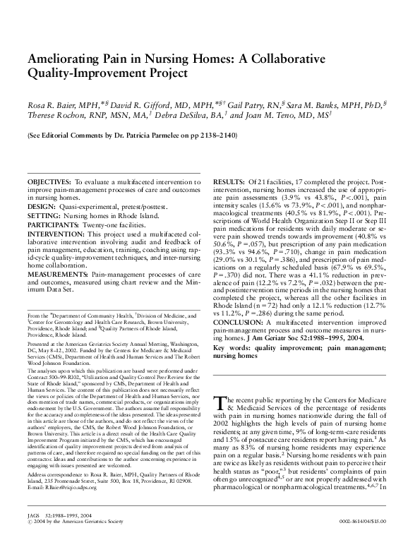 (PDF) Ameliorating Pain in Nursing Homes: A Collaborative Quality ...