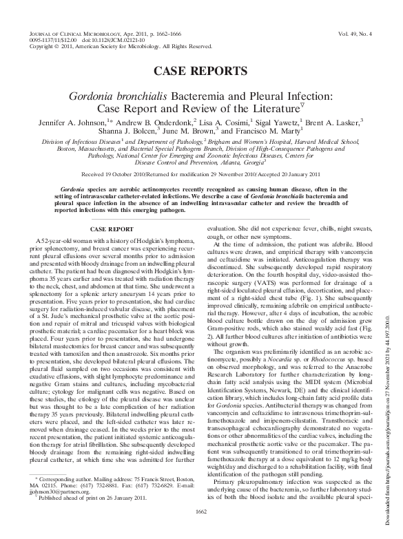 (PDF) Gordonia bronchialis Bacteremia and Pleural Infection: Case ...