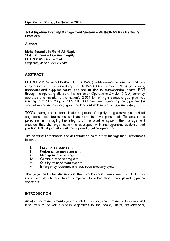 (PDF) Total Pipeline Integrity Management System - PETRONAS Gas Berhad's Practices Author