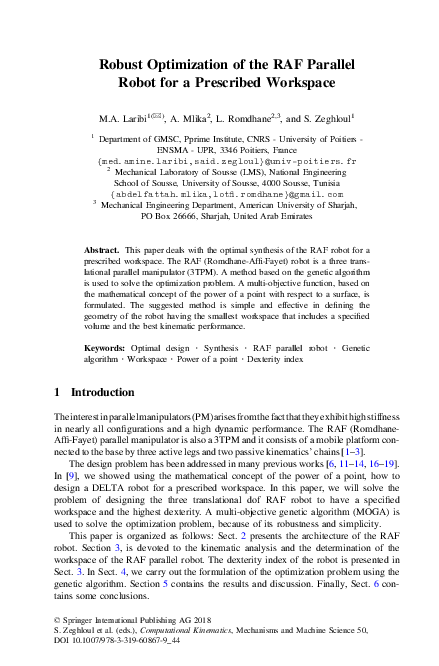 (PDF) Robust Optimization of the RAF Parallel Robot for a Prescribed Workspace