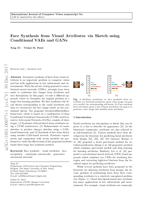 Pdf Face Synthesis From Visual Attributes Via Sketch Using Conditional Vaes And Gans Xing Di