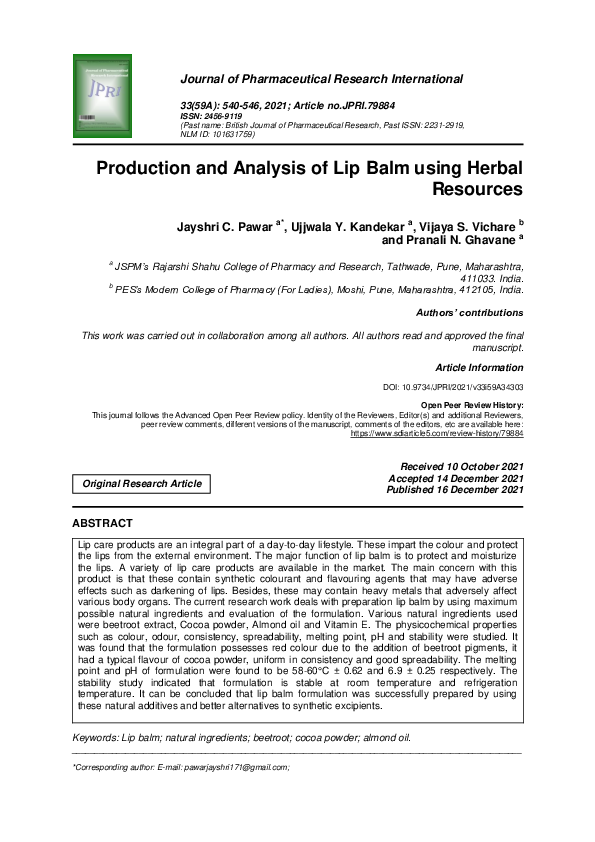 (PDF) Production and Analysis of Lip Balm using Herbal Resources