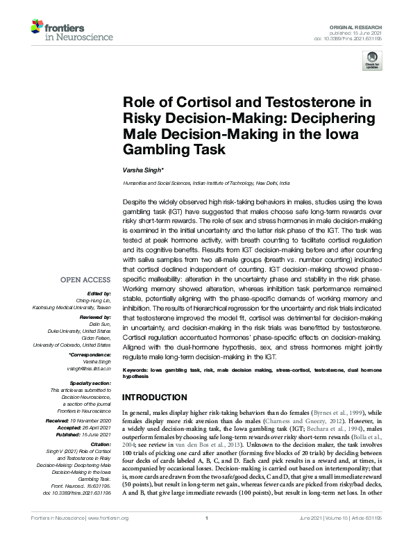 (PDF) Role of Cortisol and Testosterone in Risky Decision-Making ...