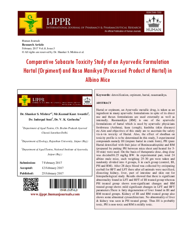 (PDF) Comparative Subacute Toxicity Study of an Ayurvedic Formulation ...