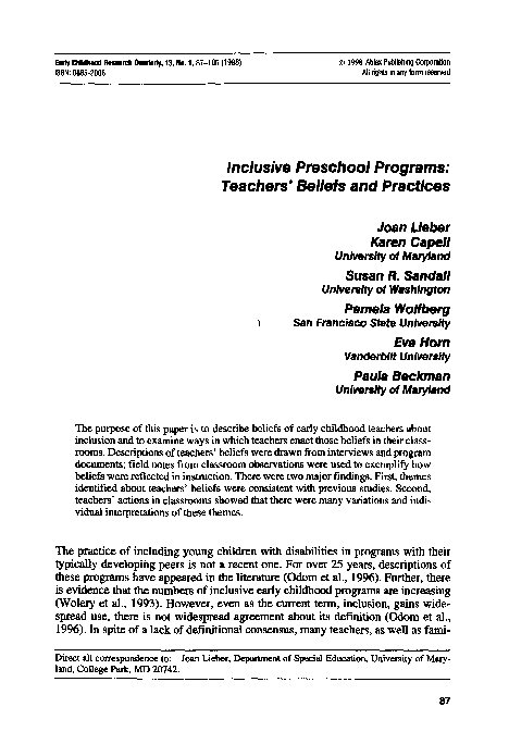 (PDF) Inclusive preschool programs: Teachers' beliefs and practices