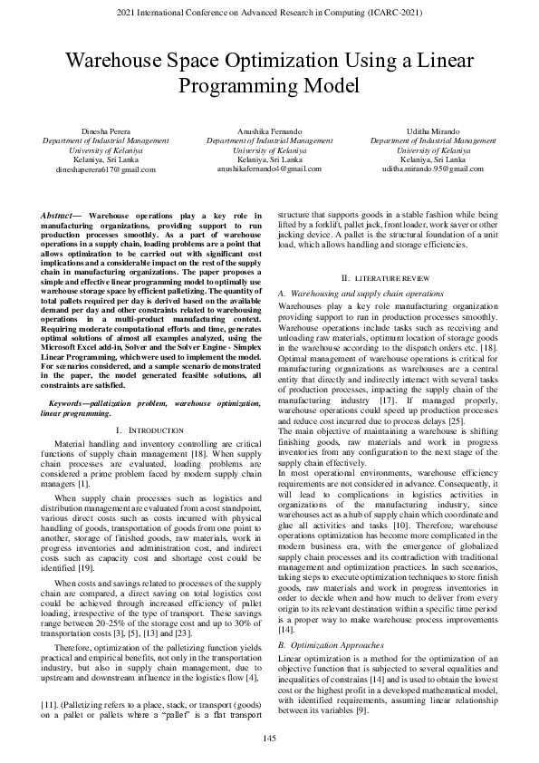 Pdf Warehouse Space Optimization Using A Linear Programming Model 4280