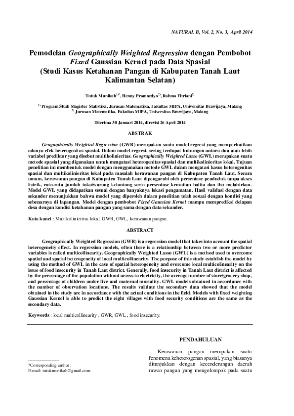 Pdf Geographically Weighted Regression Modeling With Fixed Gaussian Kernel Weighted On Spatial