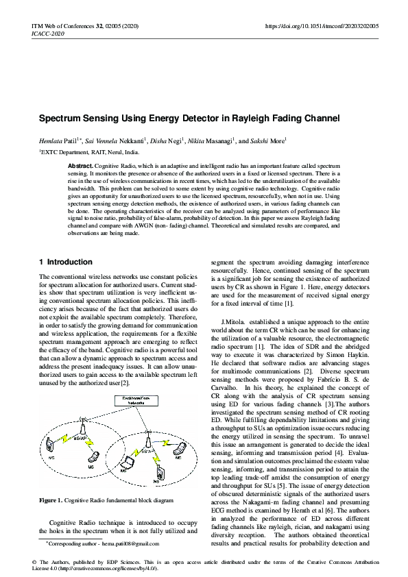 (PDF) Spectrum Sensing Using Energy Detector in Rayleigh Fading Channel