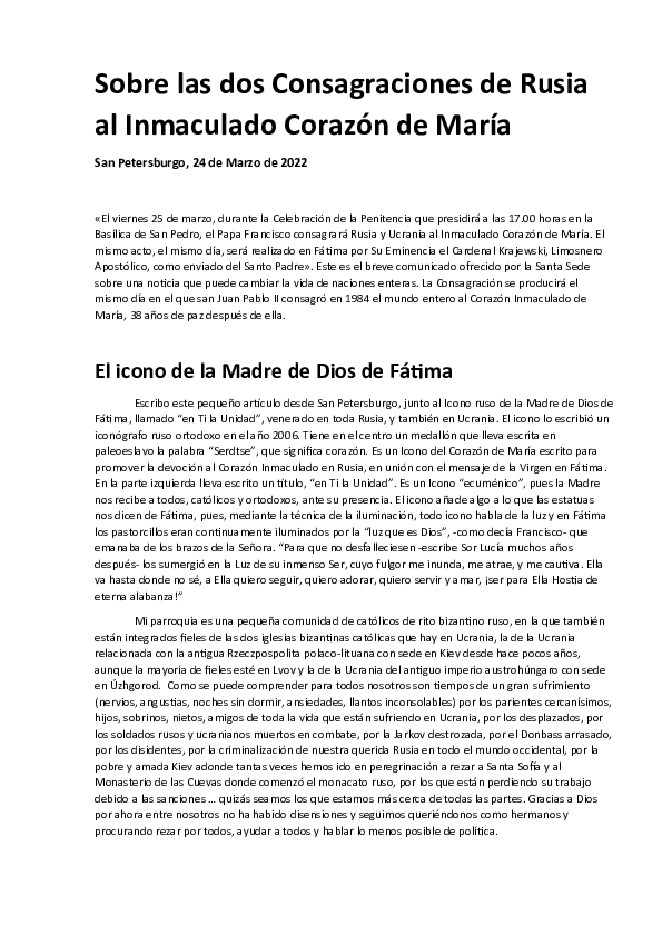 (DOC) Sobre las dos Consagraciones de Rusia al Inmaculado Corazón de María
