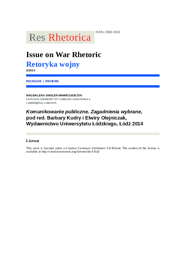 (PDF) Komunikowanie publiczne. Zagadnienia wybrane, pod red. Barbary ...