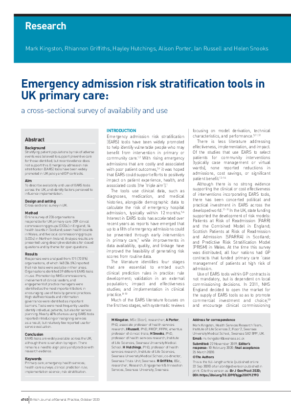 (PDF) Emergency admission risk stratification tools in UK primary care ...