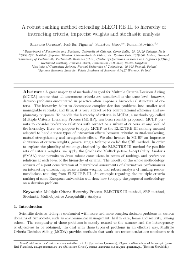 (PDF) A robust ranking method extending ELECTRE III to hierarchy of interacting criteria ...