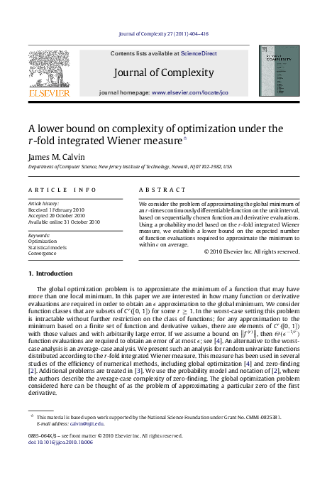 (PDF) A lower bound on complexity of optimization under the -fold integrated Wiener measure