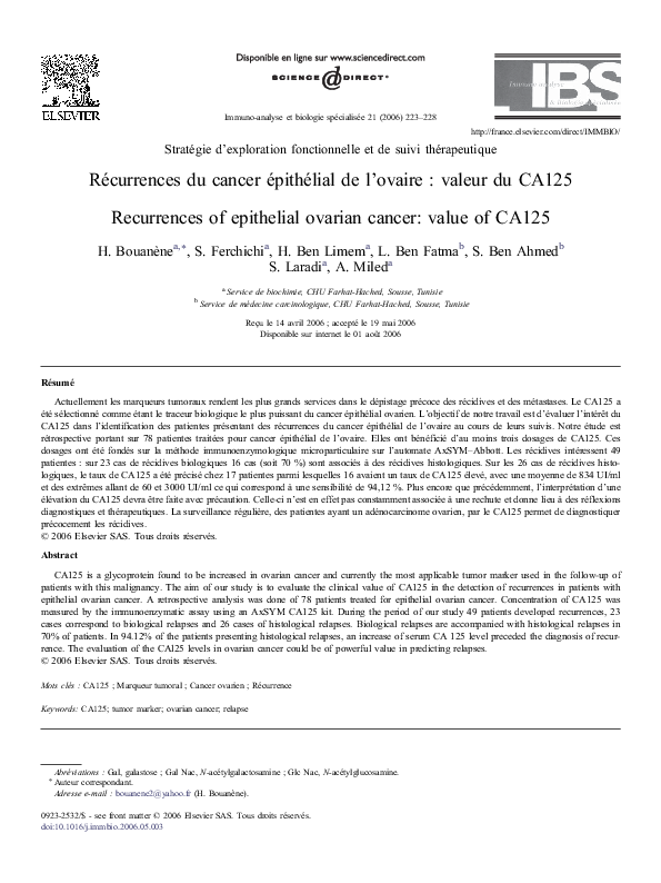(PDF) Récurrences du cancer épithélial de l'ovaire : valeur du CA125