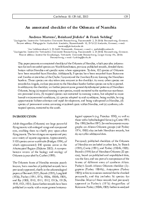 (PDF) An annotated checklist of the Odonata of Namibia