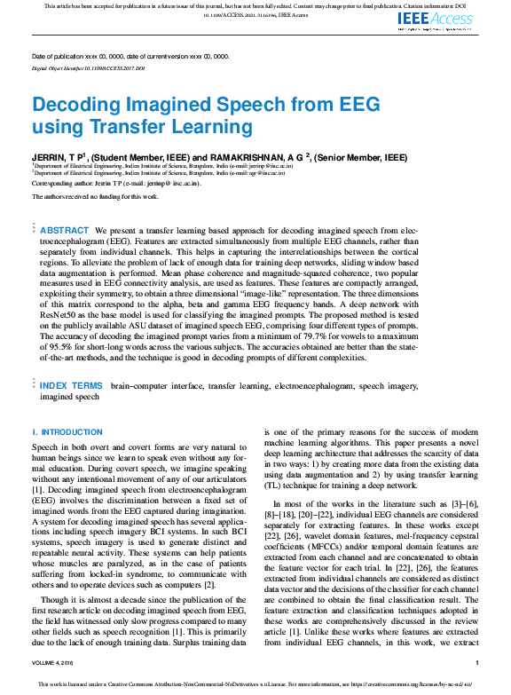 (PDF) Decoding Imagined Speech from EEG using Transfer Learning | Ramakrishnan Angarai Ganesan ...