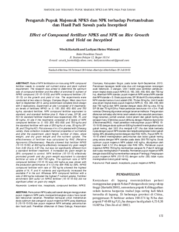 (PDF) Pengaruh Pupuk Majemuk NPKS dan NPK terhadap Pertumbuhan dan Hasil Padi Sawah pada Inceptisol