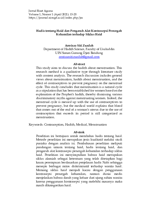 (PDF) Hadis tentang Haid dan Pengaruh Alat Kontrasepsi Pencegah ...
