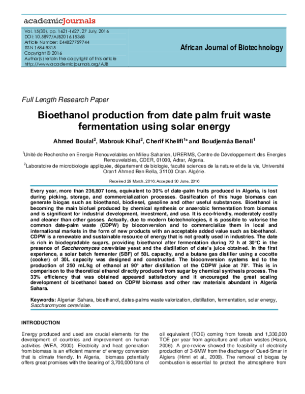 (PDF) Bioethanol production from date palm fruit waste fermentation ...