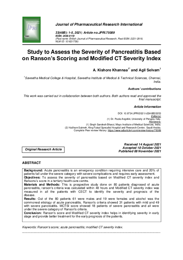 (PDF) Study to Assess the Severity of Pancreatitis Based on Ranson’s ...