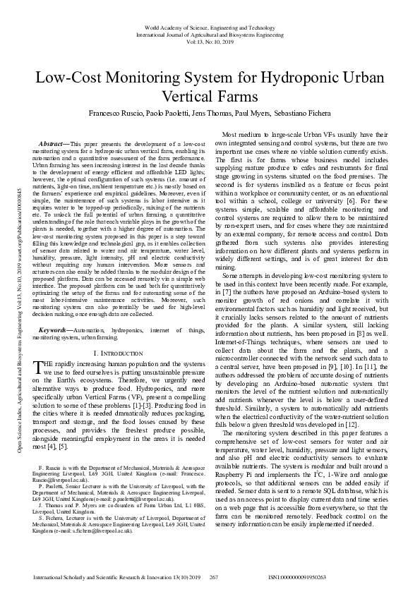 (PDF) Low-Cost Monitoring System for Hydroponic Urban Vertical Farms