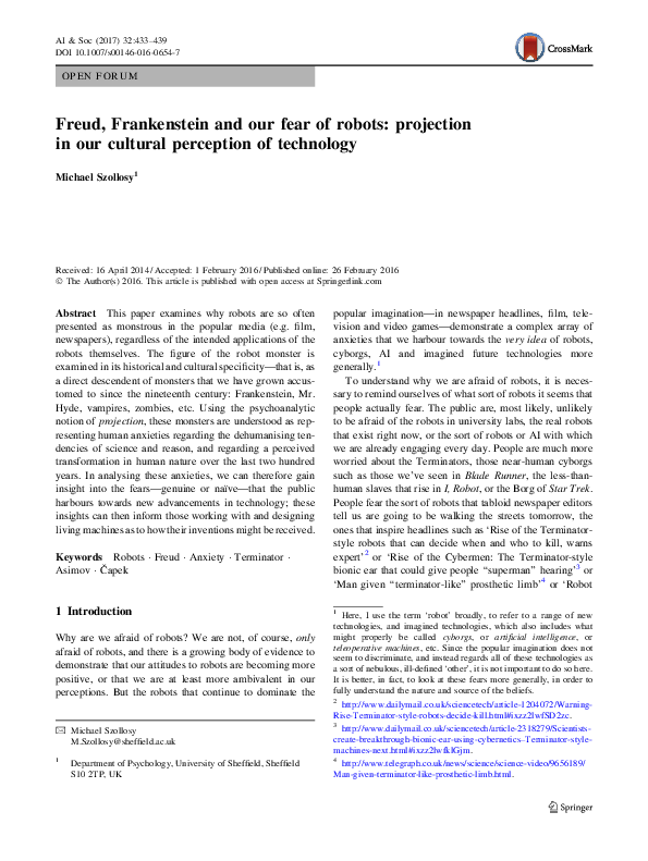 (PDF) Freud, Frankenstein and our fear of robots: projection in our ...