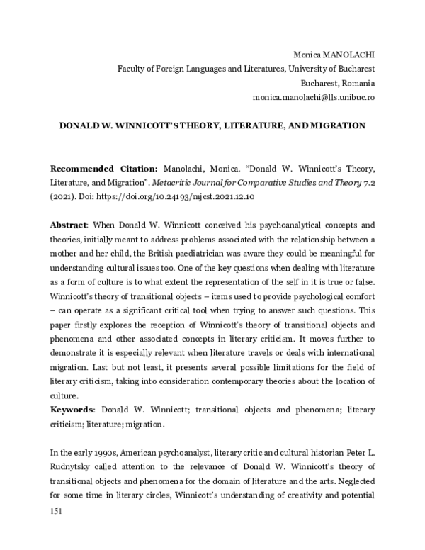 (PDF) Donald W. Winnicott’s Theory, Literature, and Migration