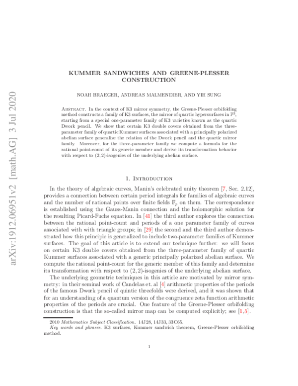 (PDF) Kummer sandwiches and Greene-Plesser construction