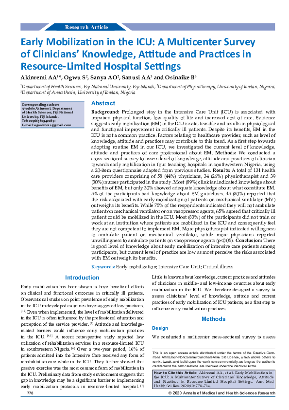 (PDF) Early Mobilization in the ICU: A Multicenter Survey of ...