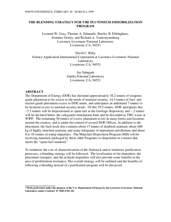 (PDF) The Blending Strategy for the Plutonium Immobilization Program
