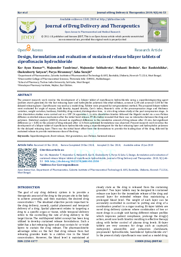 Pdf Design Formulation And Evaluation Of Sustained Release Bilayer Tablets Of Ciprofloxacin