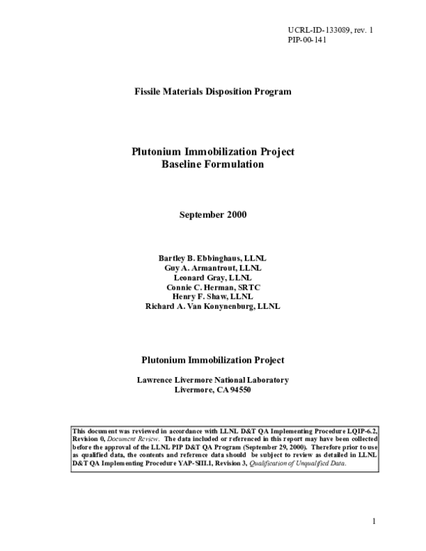 (PDF) Fissile materials disposition program plutonium immobilization ...