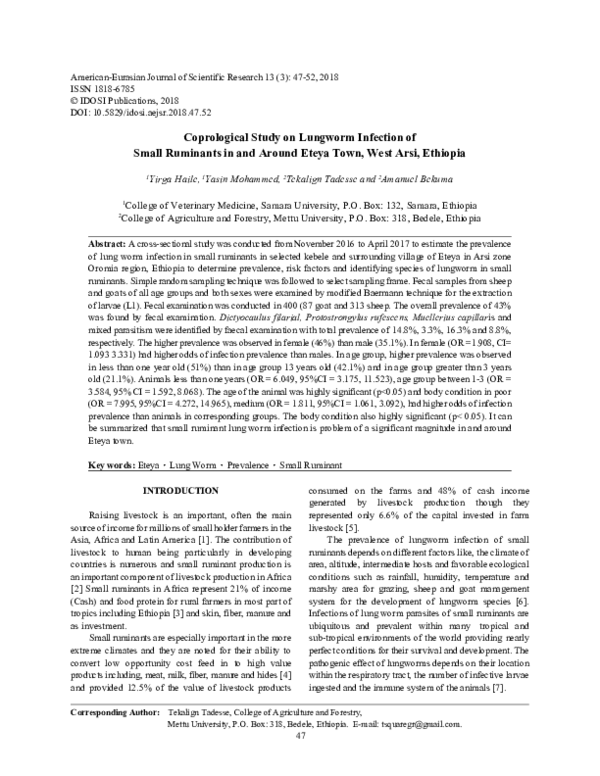 (PDF) Coprological Study on Lungworm Infection of Small Ruminants in ...