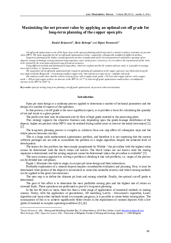 (PDF) Maximizing the net present value by applying an optimal cut-off grade for long-term ...