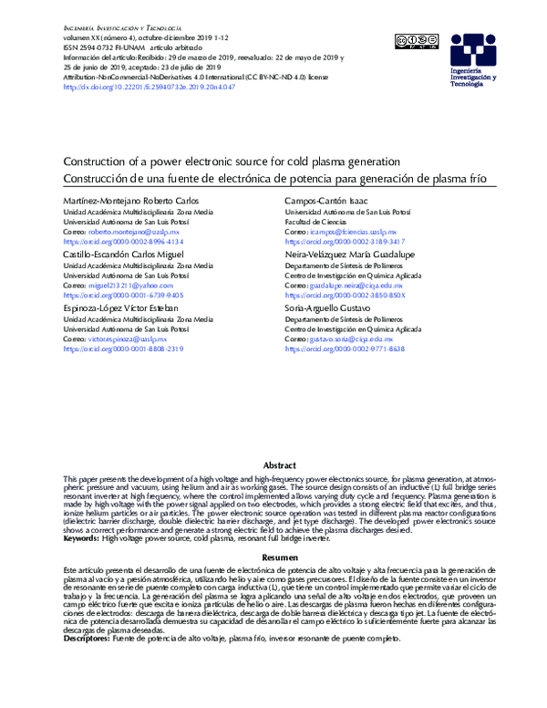 (PDF) Construction of a power electronic source for cold plasma generation
