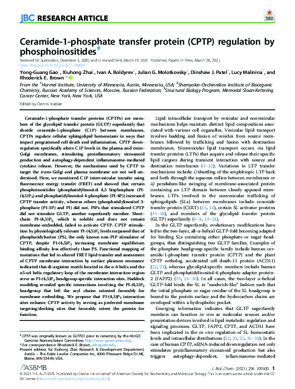 (PDF) Ceramide-1-phosphate transfer protein (CPTP) regulation by phosphoinositides