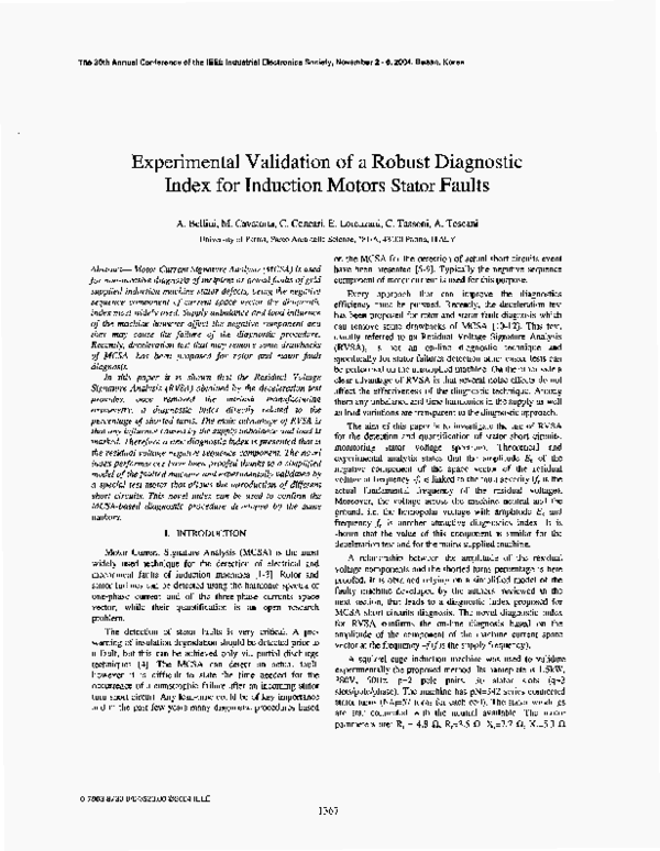 (PDF) Experimental validation of a robust diagnostic index for induction motors stator faults