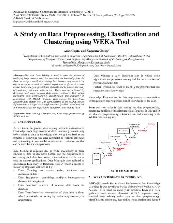 (PDF) A Study on Data Preprocessing, Classification and Clustering using WEKA Tool