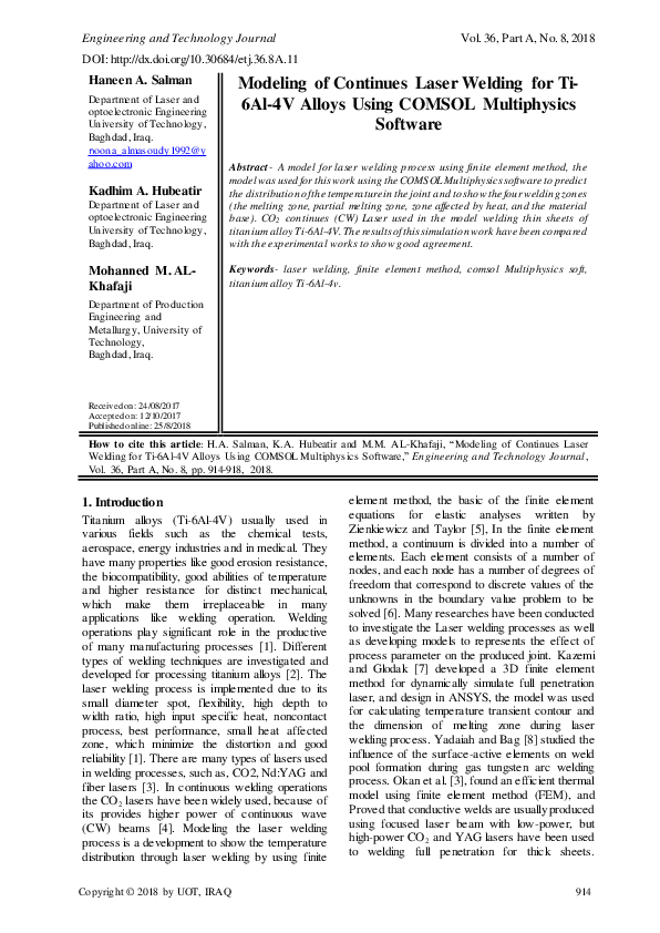 (PDF) Modeling of Continues Laser Welding for Ti6Al-4V Alloys Using COMSOL Multiphysics Software